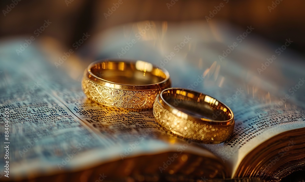 Two golden wedding rings, resting beside open pages of a holy Bible ...