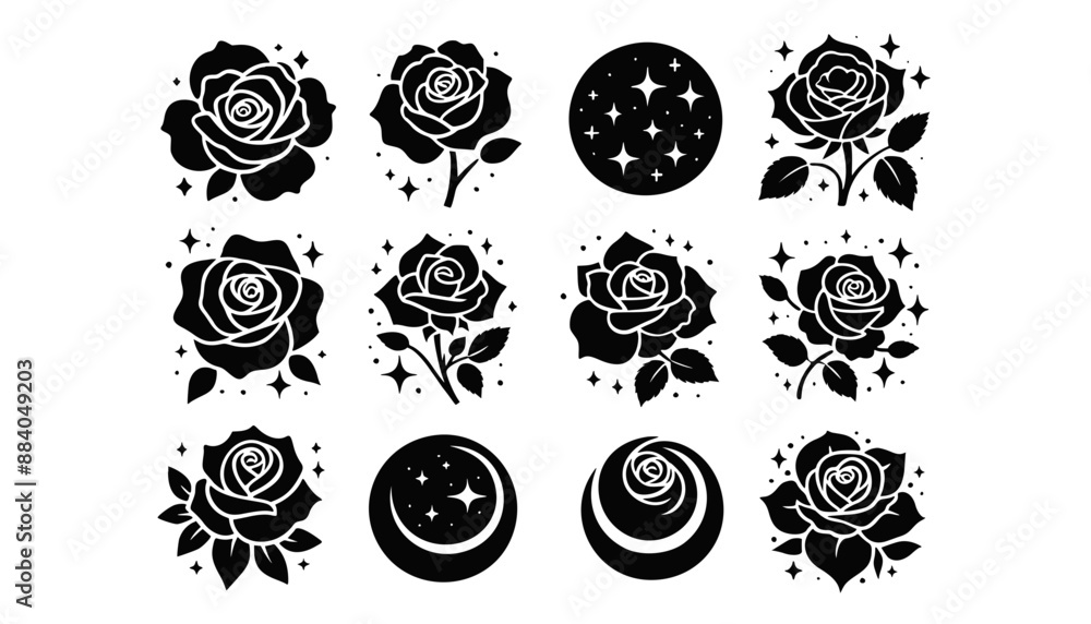 Celestial Rose Icons Vector Collection: Mystical Roses with Stars and ...
