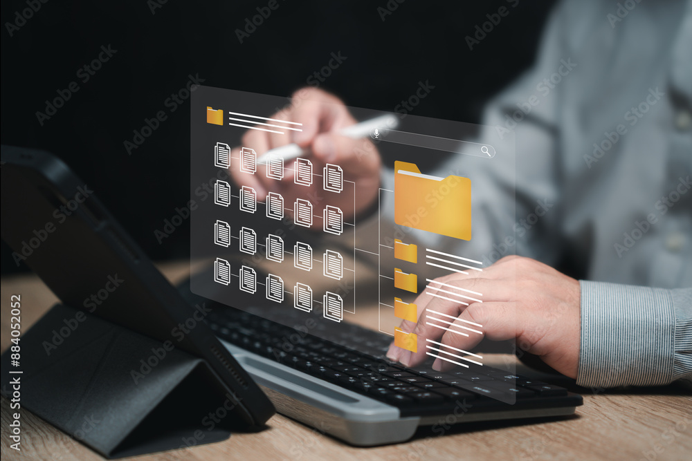 DMS, Document management system concept, Businessman use tablet search ...