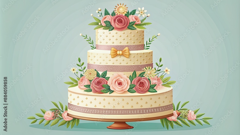 Whimsical vector illustration of tiered wedding cake showcasing ...