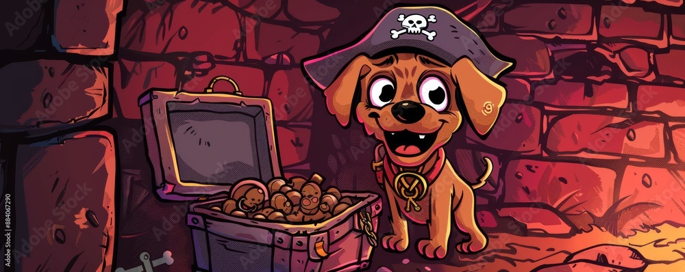 Cartoon pirate dog with treasure chest full of gold in dungeon setting ...
