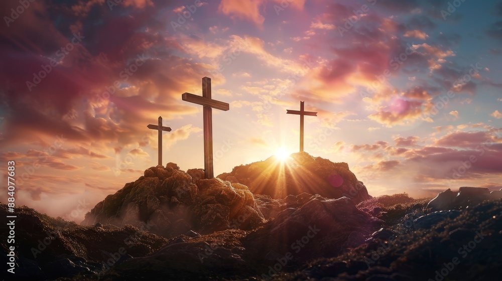 Three crosses on caliyam hill with radiant beams, illuminated ...