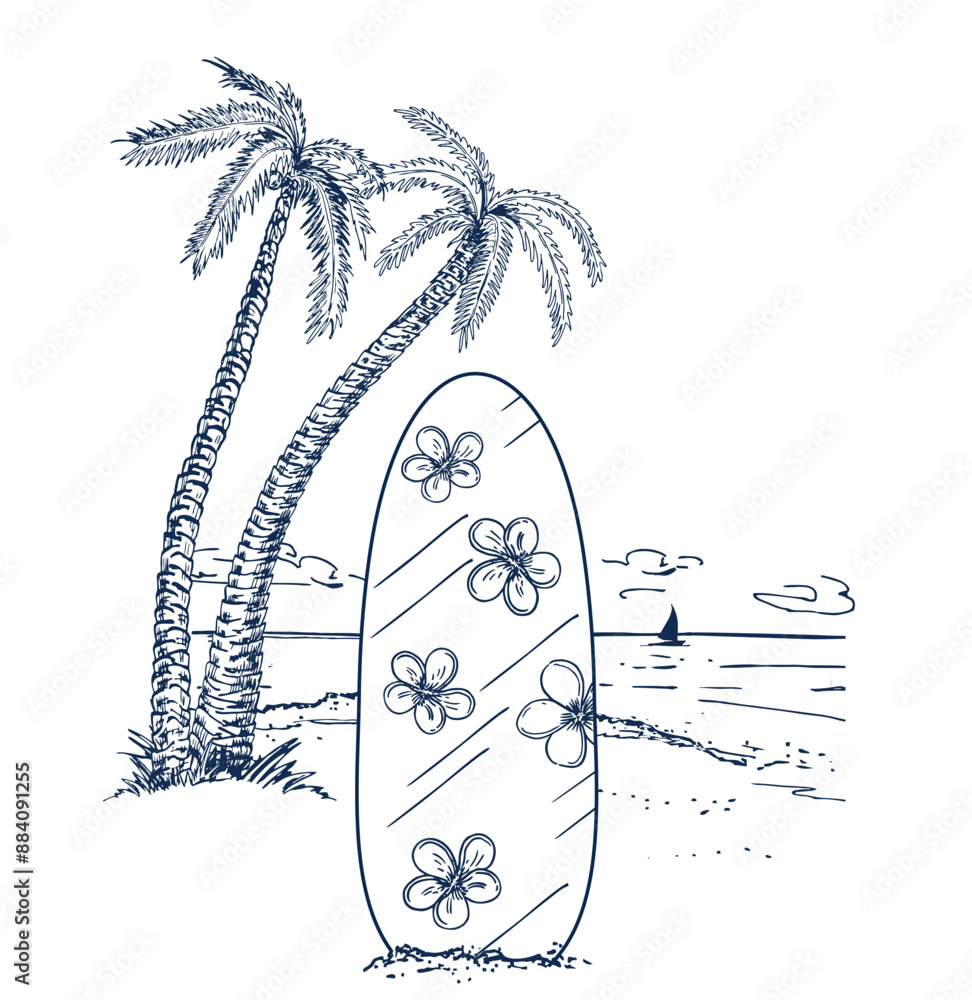 Surfboard on a beach. Sketch style. Surfing beach landscape, panorama ...