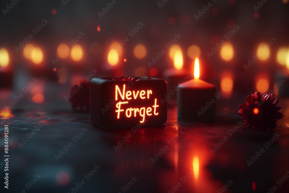 "Never Forget" text illuminated on a candle with other candles in the ...