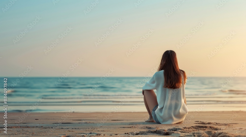 A young woman sits alone on the beach. looking out at the sea This scene captures moments of ...