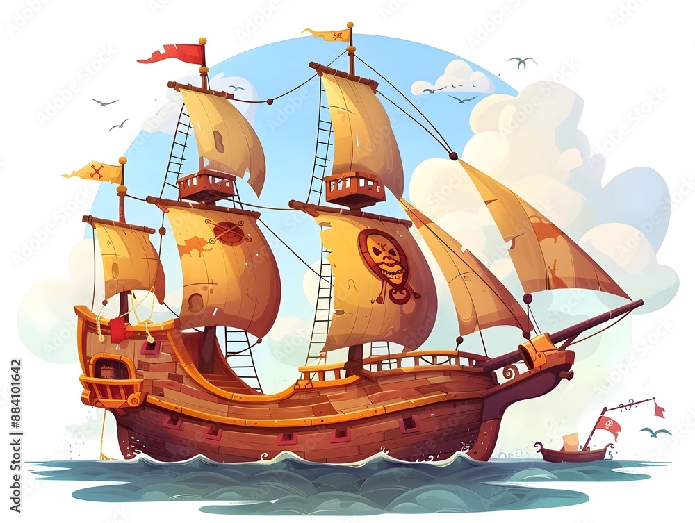Cartoon Pirate Ship Sailing on High Seas with Jolly Crew and Treasure ...