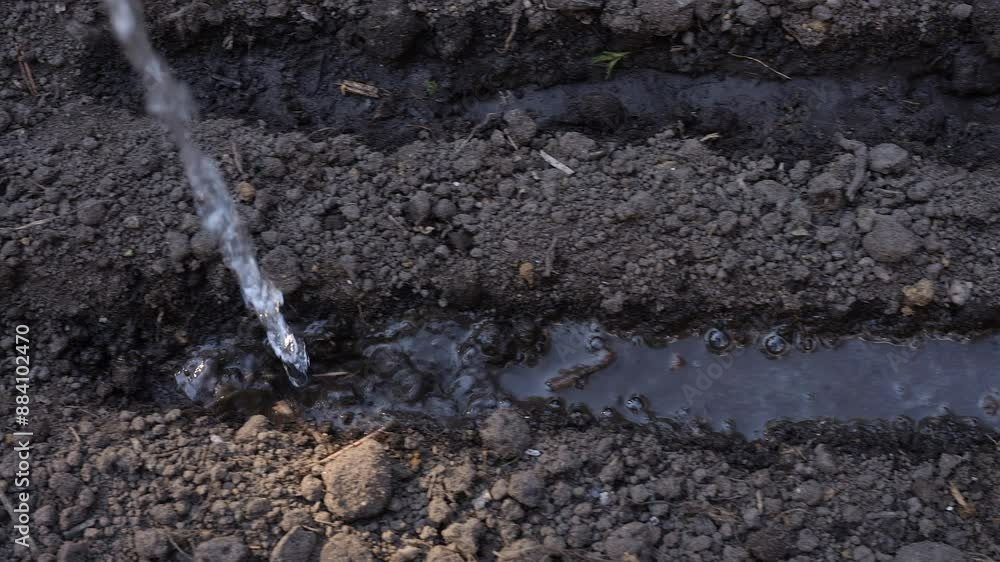 Watering the garden soil, water flows gently, nurturing plants. This ...
