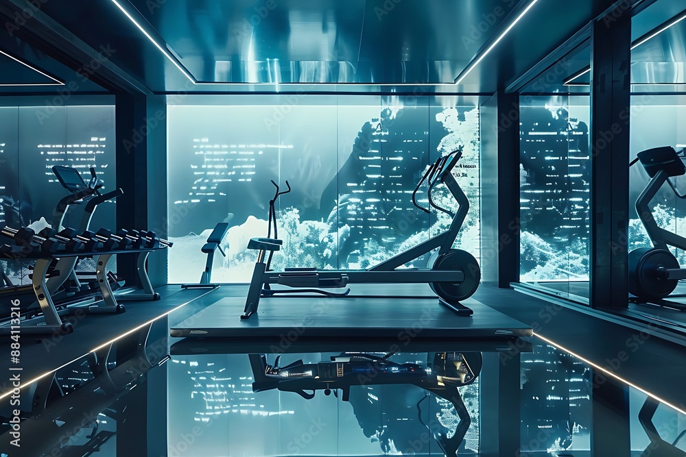 A futuristic home gym with a floor-to-ceiling LED wall that displays ...