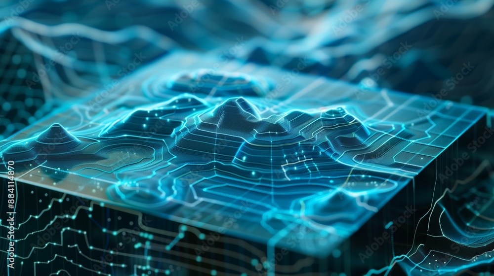 GIS geodata mapping concept featuring a detailed, layered terrain model ...