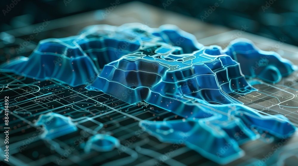 GIS geodata mapping concept featuring a detailed, layered terrain model ...