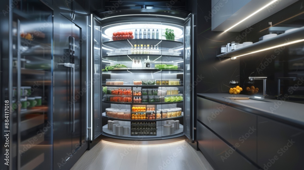 Capture a futuristic pantry with automated shelving that rotates and ...