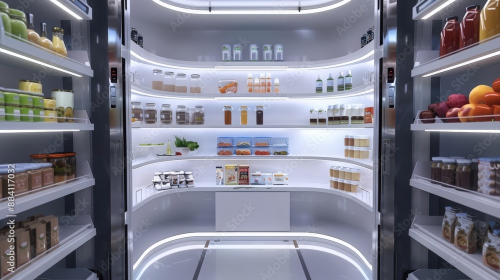 Capture a futuristic pantry with automated shelving that rotates and ...