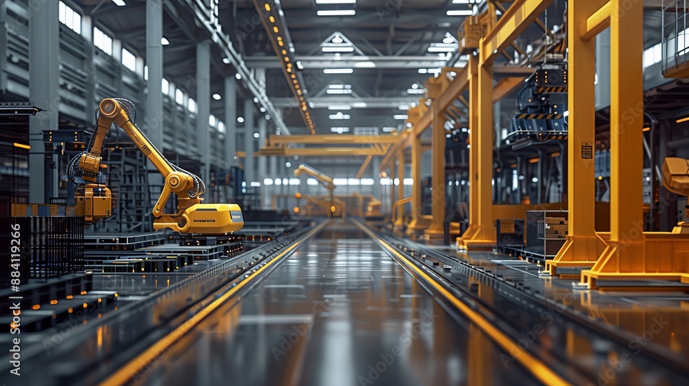 Capture the advanced logistics of a factory where robots are managing ...