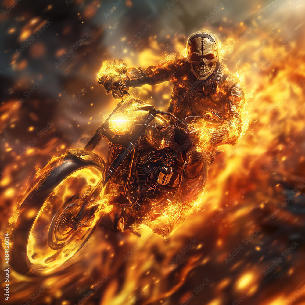 Hyper realistic depiction of a ghost rider in a skull helmet and fiery ...