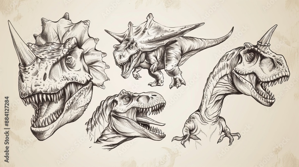 Detailed black and white close-up sketches of various fierce dinosaur ...