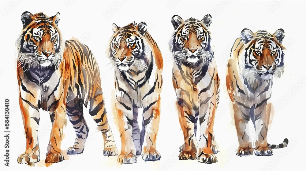 This image depicts four majestic tigers painted in a watercolor style ...