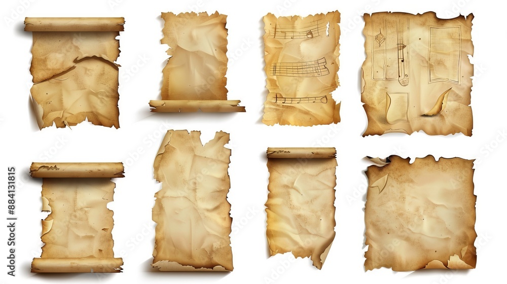 A collection of aged, worn parchment papers showing various states of ...