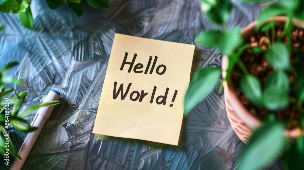 Image of a sticky note with 'Hello World!' written on it, placed on a ...