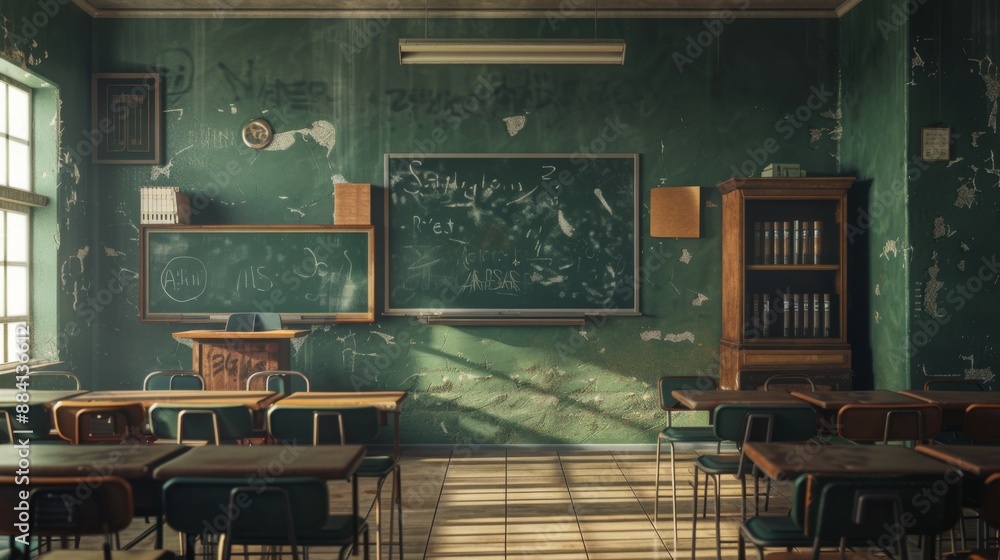 The image shows a classroom with green walls, vandalized with graffiti ...