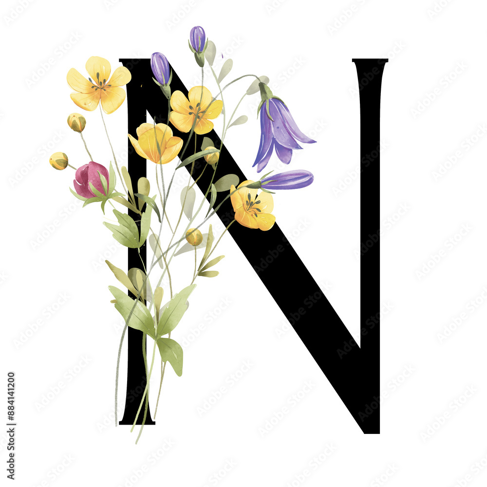Flower letter N, floral monogram, watercolor wild flowers and leaves ...