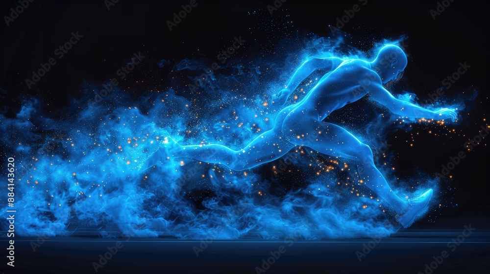 Professional athlete running on the track surrounded by blue smoke ...