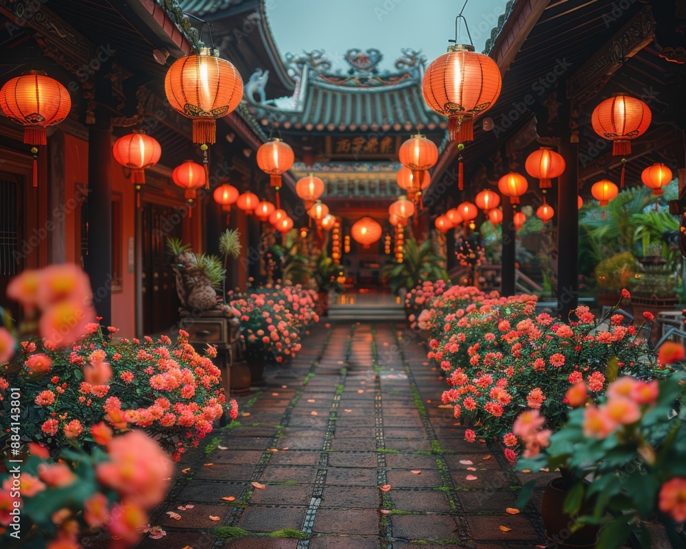 Create a high-quality photograph of a beautiful temple decorated with ...