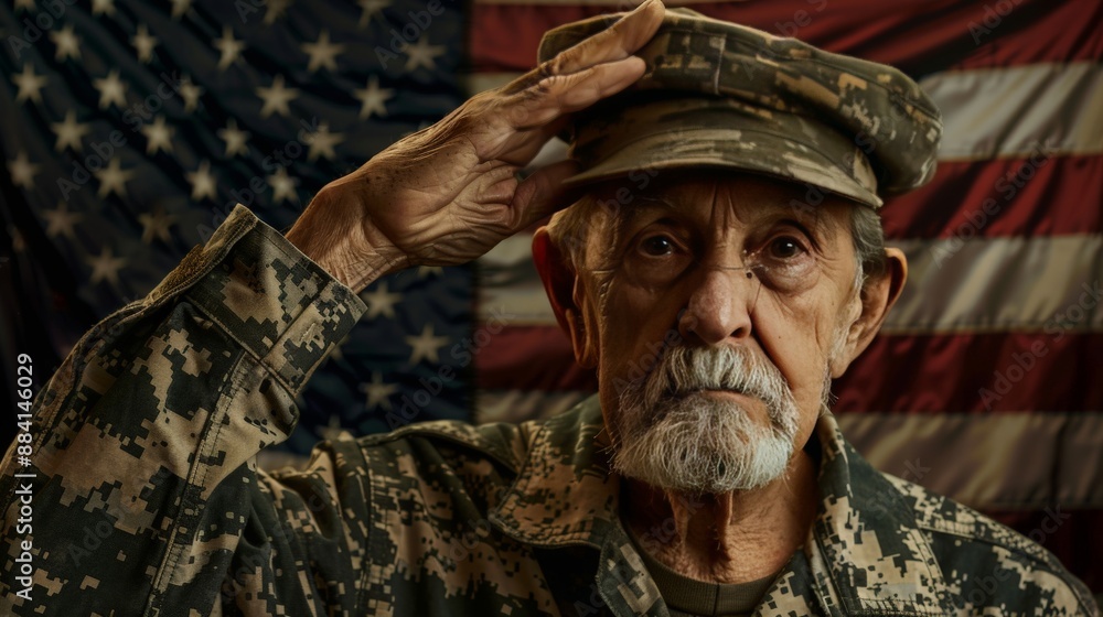 Elderly veteran in uniform, saluting against a backdrop of the American ...