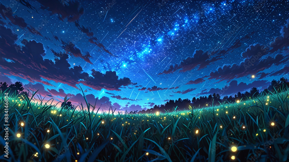 An Anime Illustration of a blue night sky with falling stars and ...