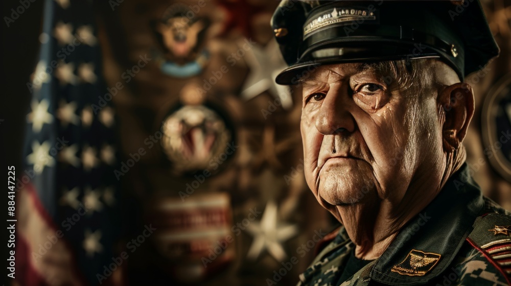 Veteran wearing a decorated uniform, standing proudly in front of a ...