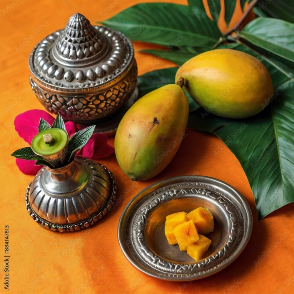 Traditional Hindu kula with wedding Kalash with mango leaves with sidur ...