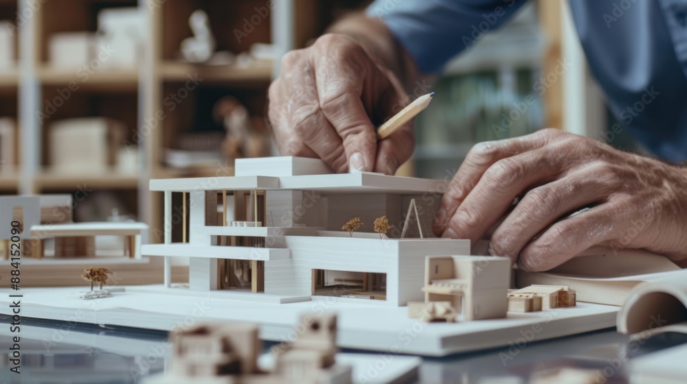 Architect Designing a Modern House with a Scale Model Stock ...