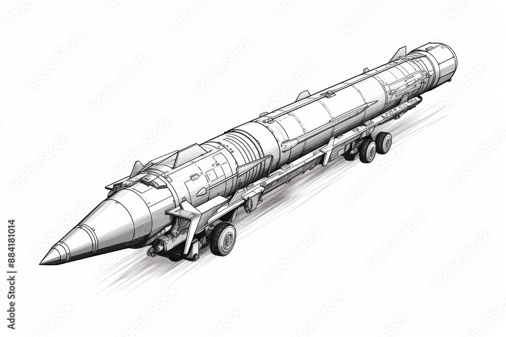 Intricate pencil drawing of a medium range missile, detailed sketch for ...