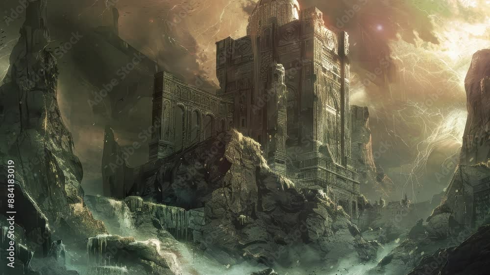 Ancient castle ruins in a stormy sea setting with dark clouds and ...