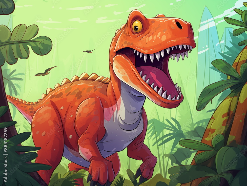 cartoon scene with happy and funny dinosaur tyrannosaurus rex - шт the ...