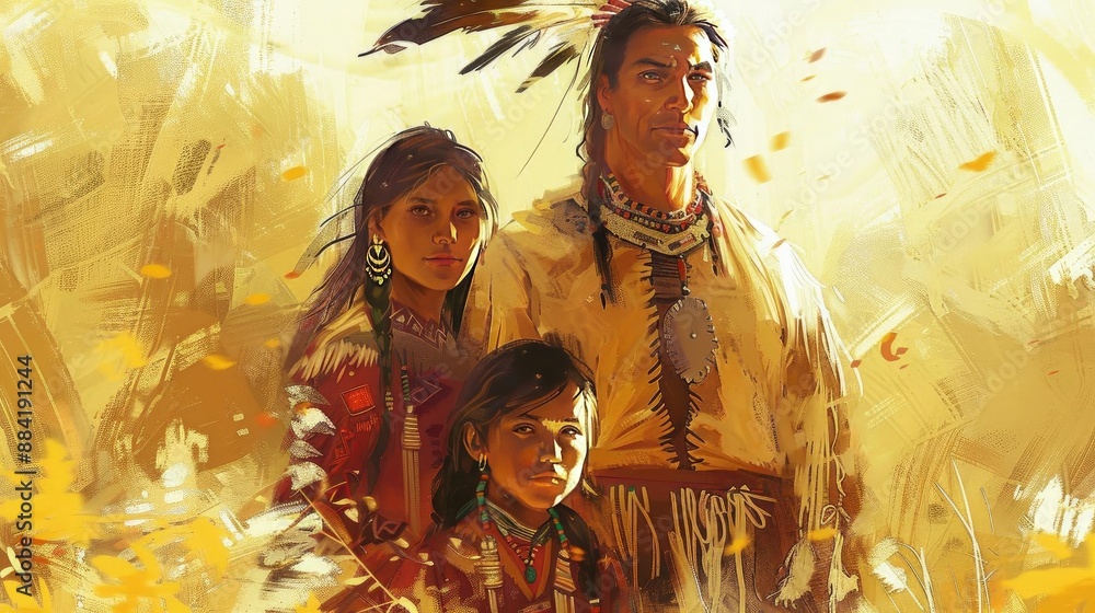Artistic representation of a Native American family in traditional ...