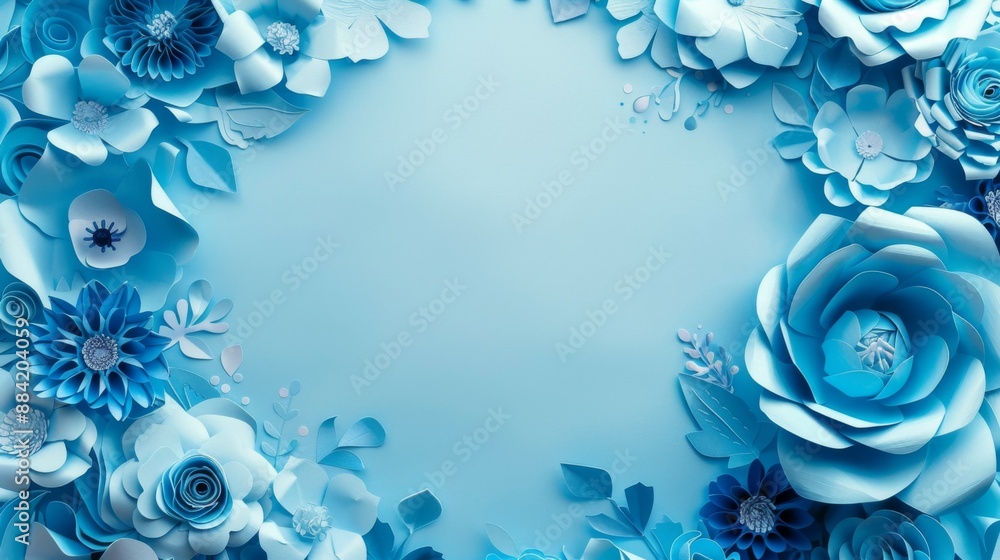 An artistic papercraft flower frame in two tones of blue, showing bold ...