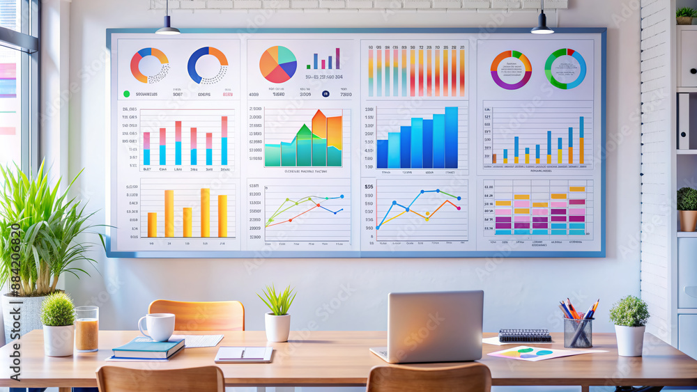 Colorful infographics background with various business graphs, charts, and tables on a ...