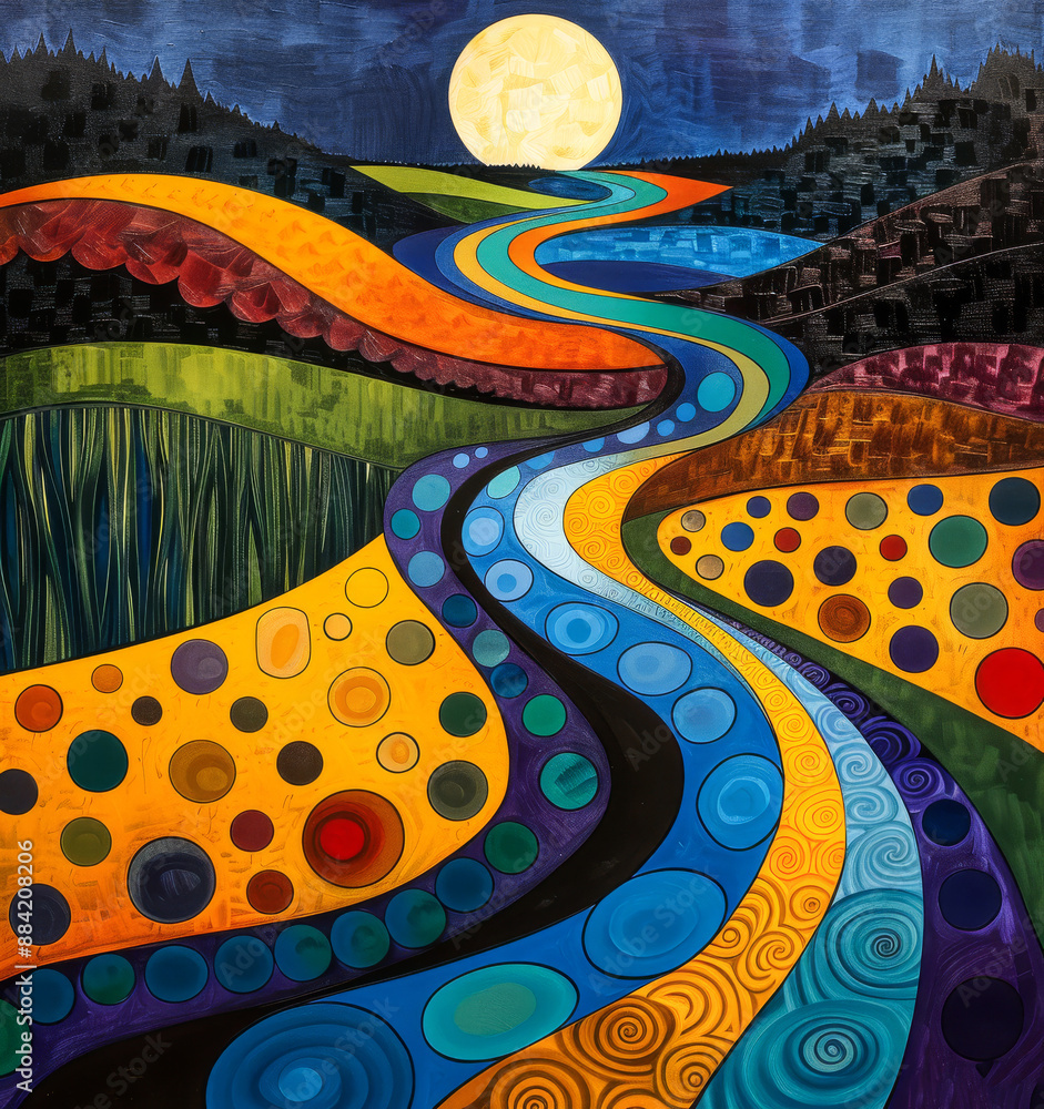 River and Woodlands. Generated image. A digital illustration of a river ...