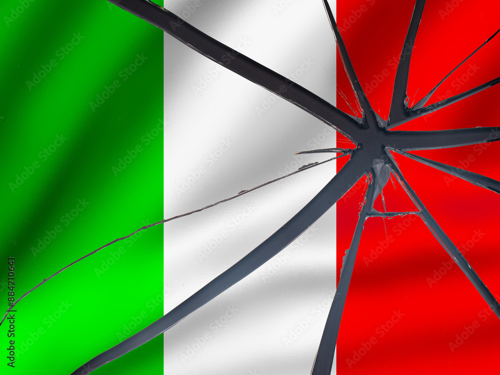 Flag of Italy with crack. Destroyed national banner. Problems in Italy ...