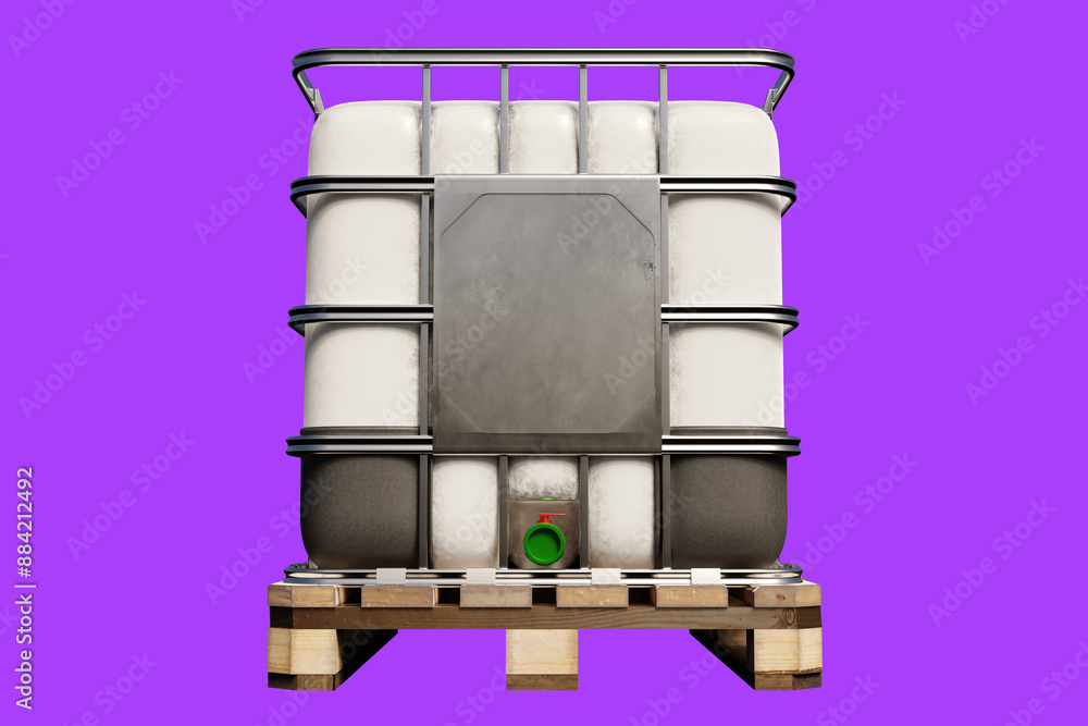 IBC container front view. Plastic tank in steel frame. IBC for storage ...