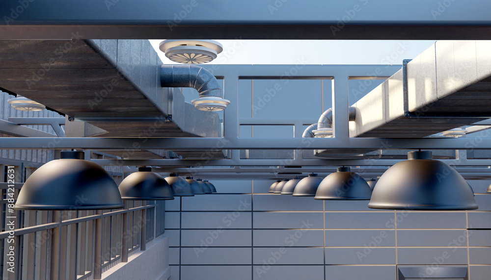 Ventilation and chandeliers in industrial building. Aluminum pipes of ...