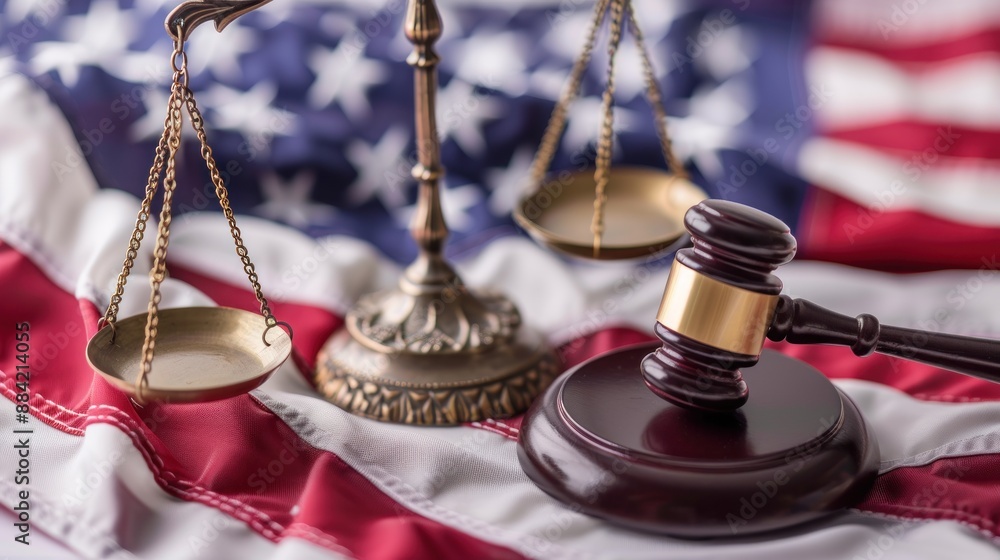 judge's gavel and a golden Scale of Justice on the American Flag ...