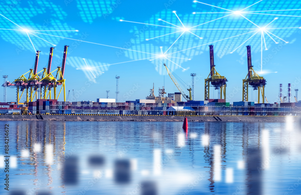 Sea port. International harbor for cargo ships. Port with cranes for ...