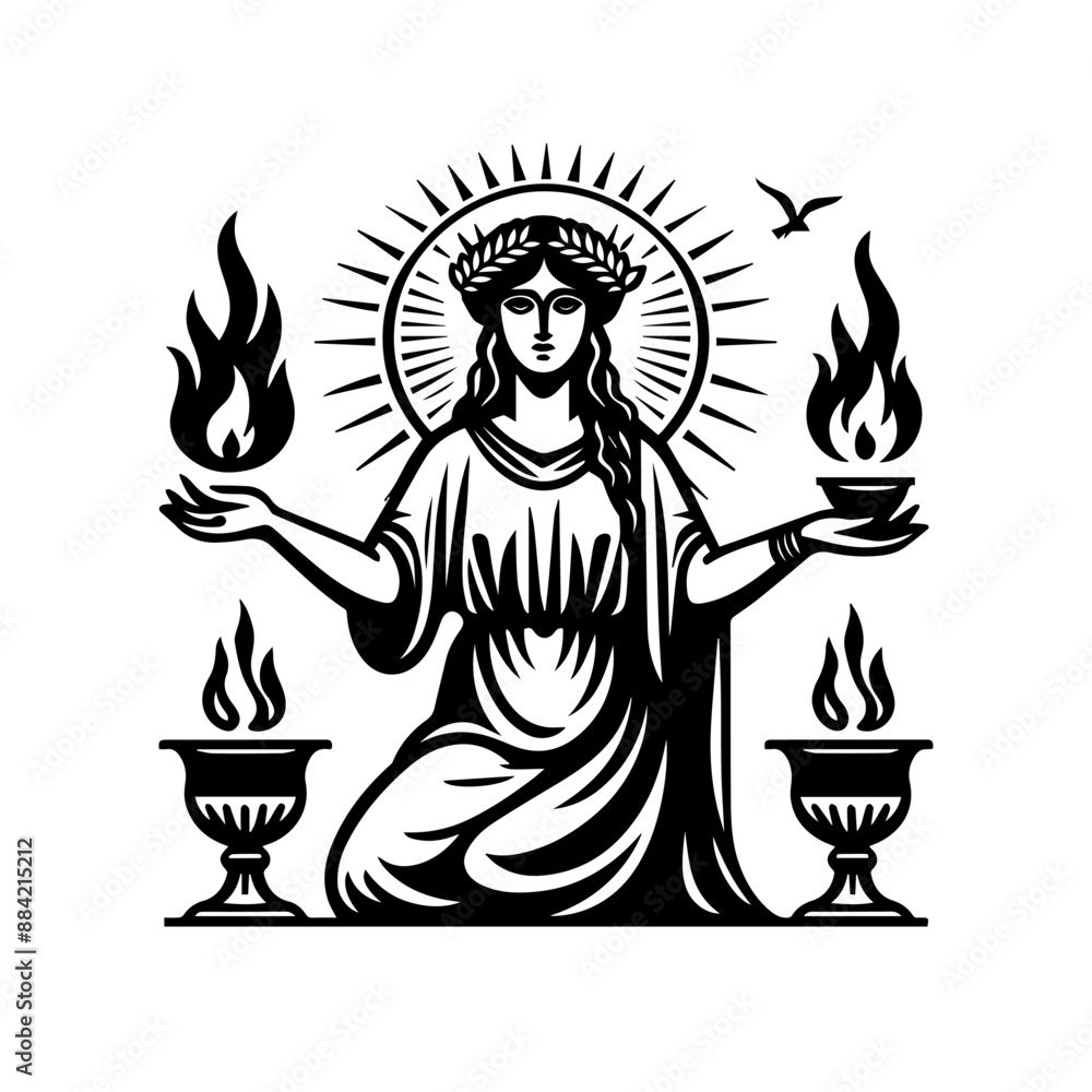 greek goddess of home and fire Hestia. illustration. black and white ...