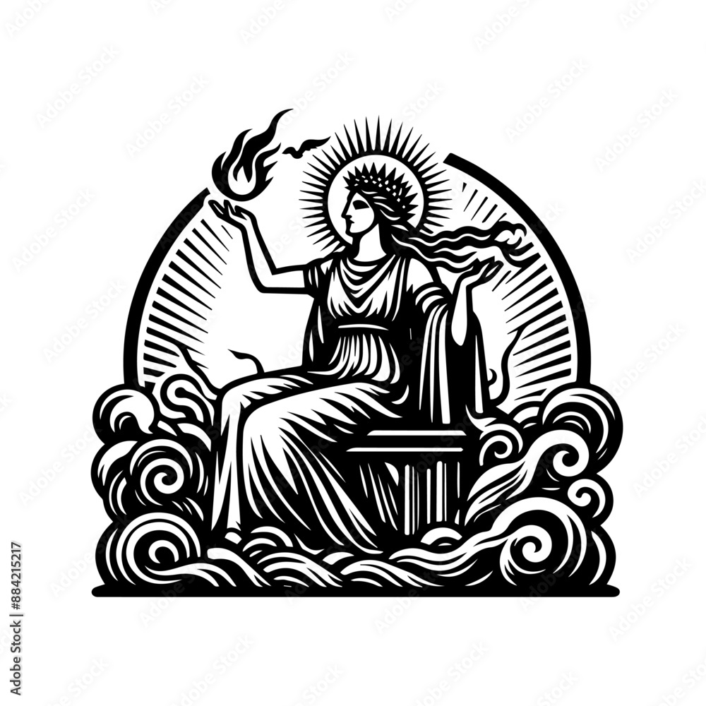 greek goddess of home and fire Hestia. illustration. black and white ...