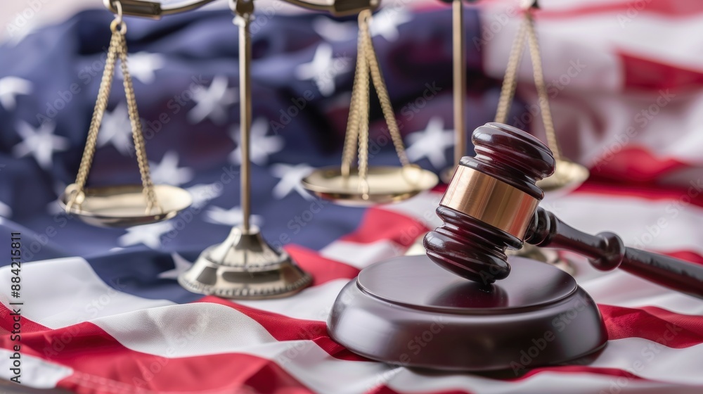 judge's gavel and a golden Scale of Justice on the American Flag ...