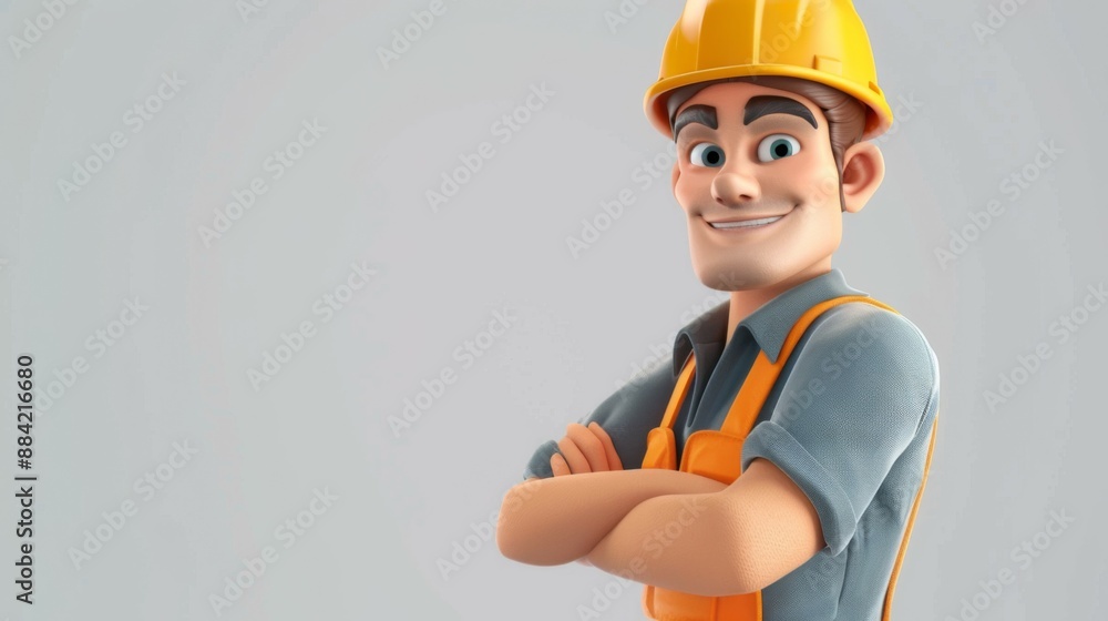 An animated construction worker with a confident grin, wearing a yellow ...