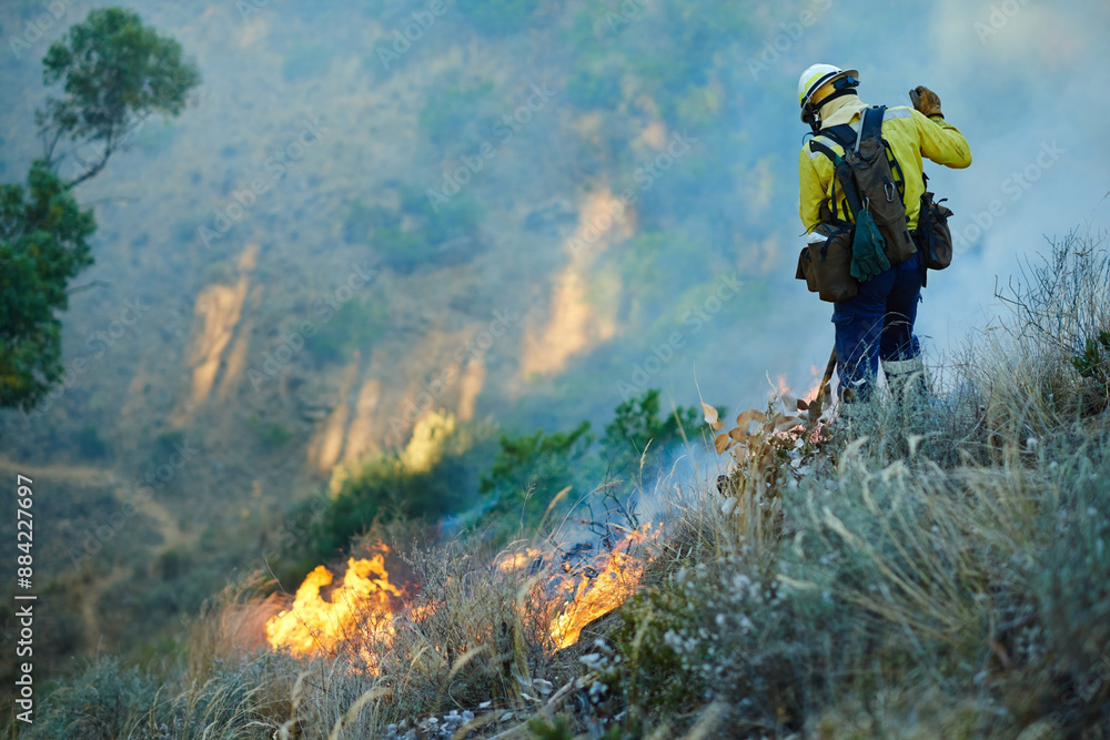 Courage, flame and firefighter in forest for emergency, disaster ...