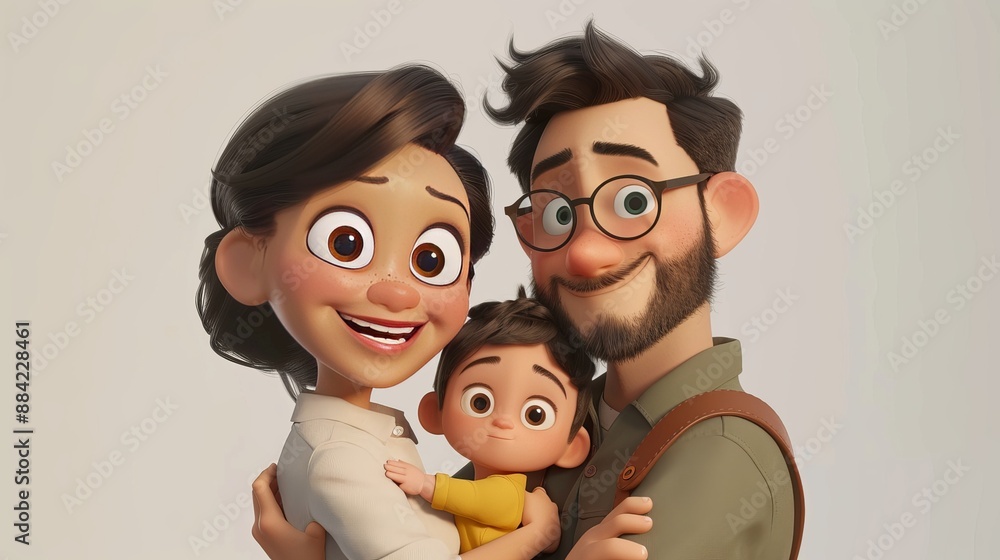 This animated image portrays a family, with parents holding their child ...