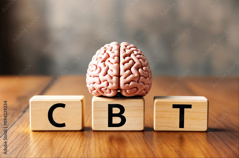 3d render illustration of a human brain on wooden blocks word text CBT ...